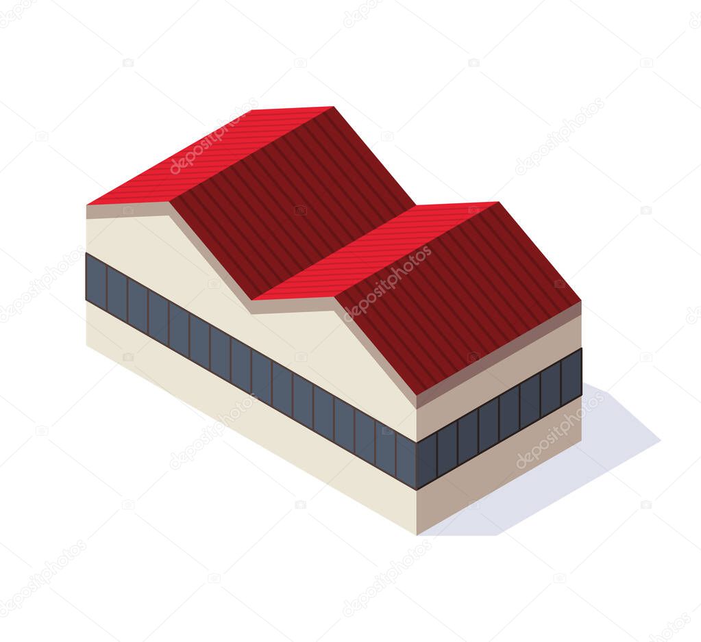 Fábrica isométrica. Arquitectura de fabrica vivienda. Edificio industrial. Concepto de planta de ...
