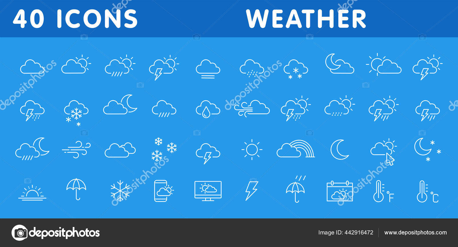 Set of 40 weather web icons in line style. Weather , clouds, sunny day ...
