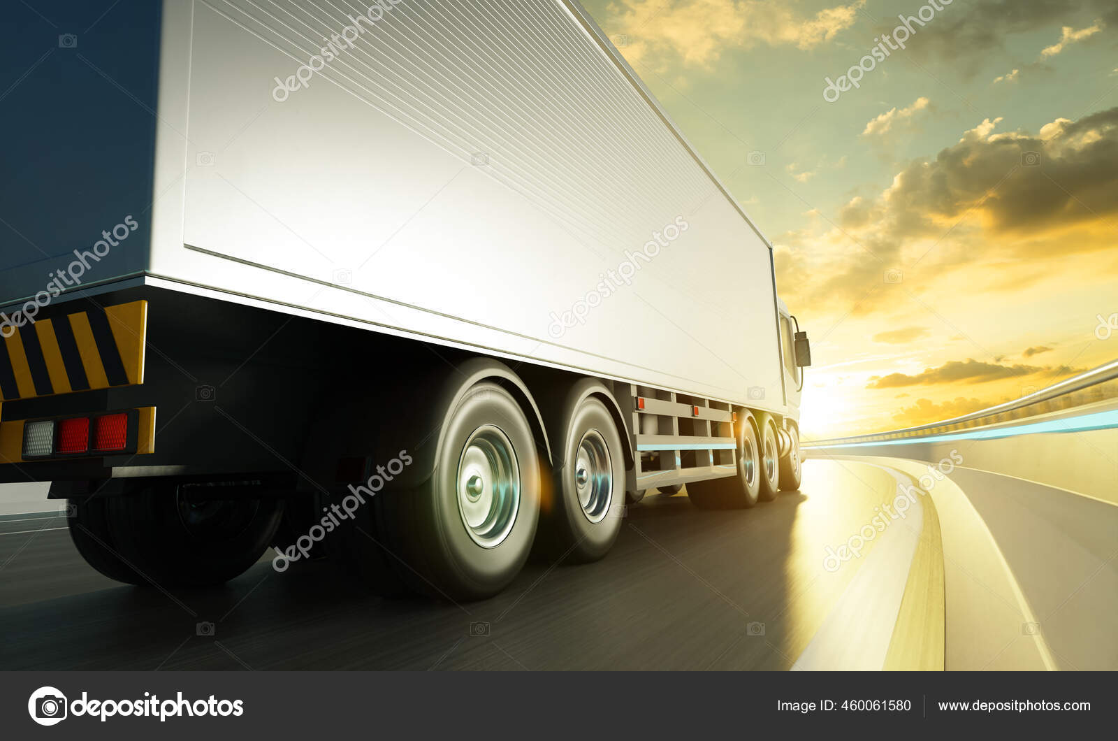 Rear Angle View Delivery Truck Run Road Sunrise Cityscape Fast Stock ...