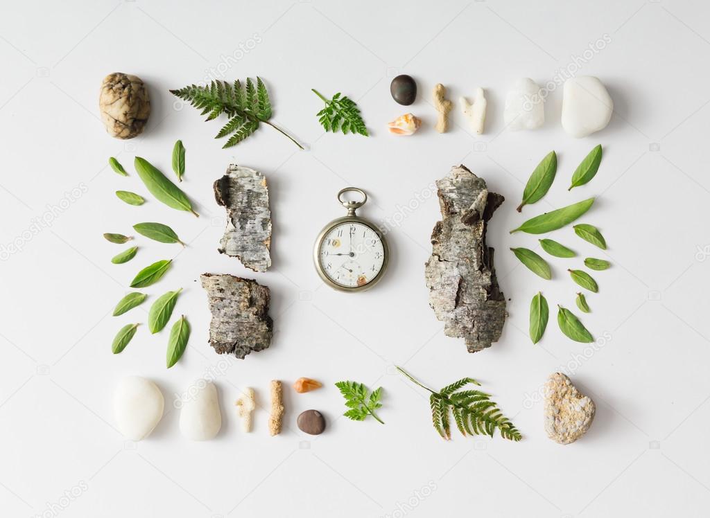 Creative natural layout made of leaves, stones, and tree bark. Stock ...