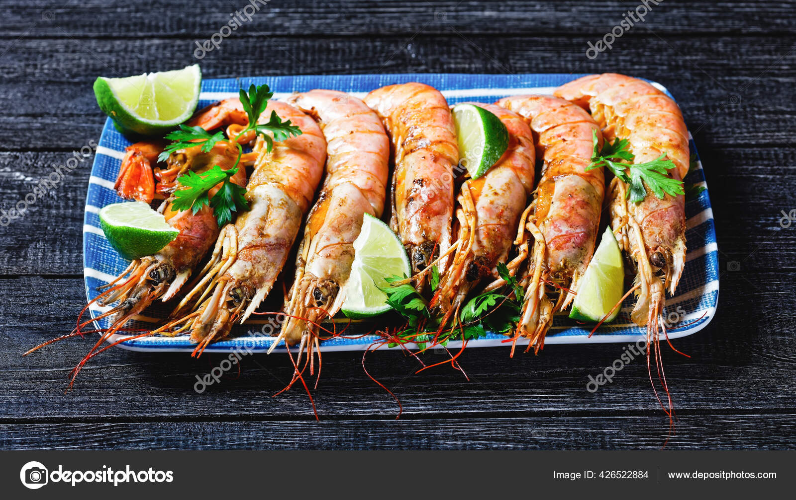 Roasted Shrimps Prawns Served Rectangular Shaped Plate Lime Wedges ...