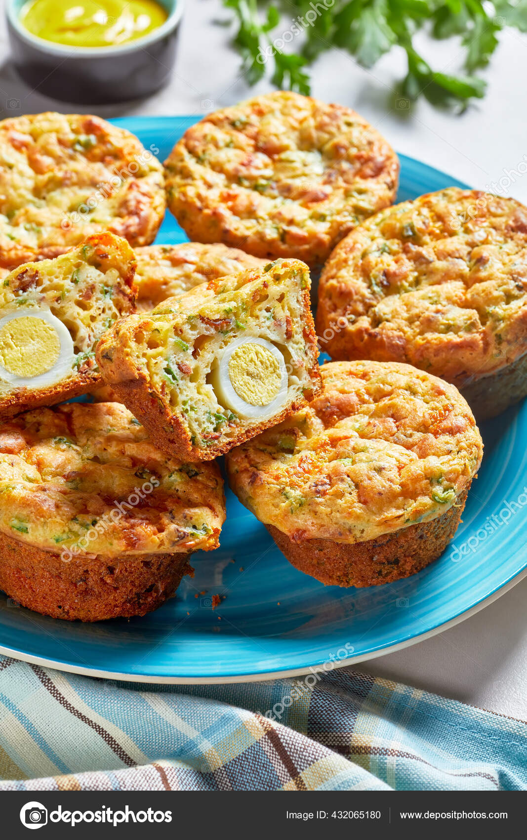 Bacon Egg Cheese Breakfast Muffins Blue Platter Marble Table Horizontal ...