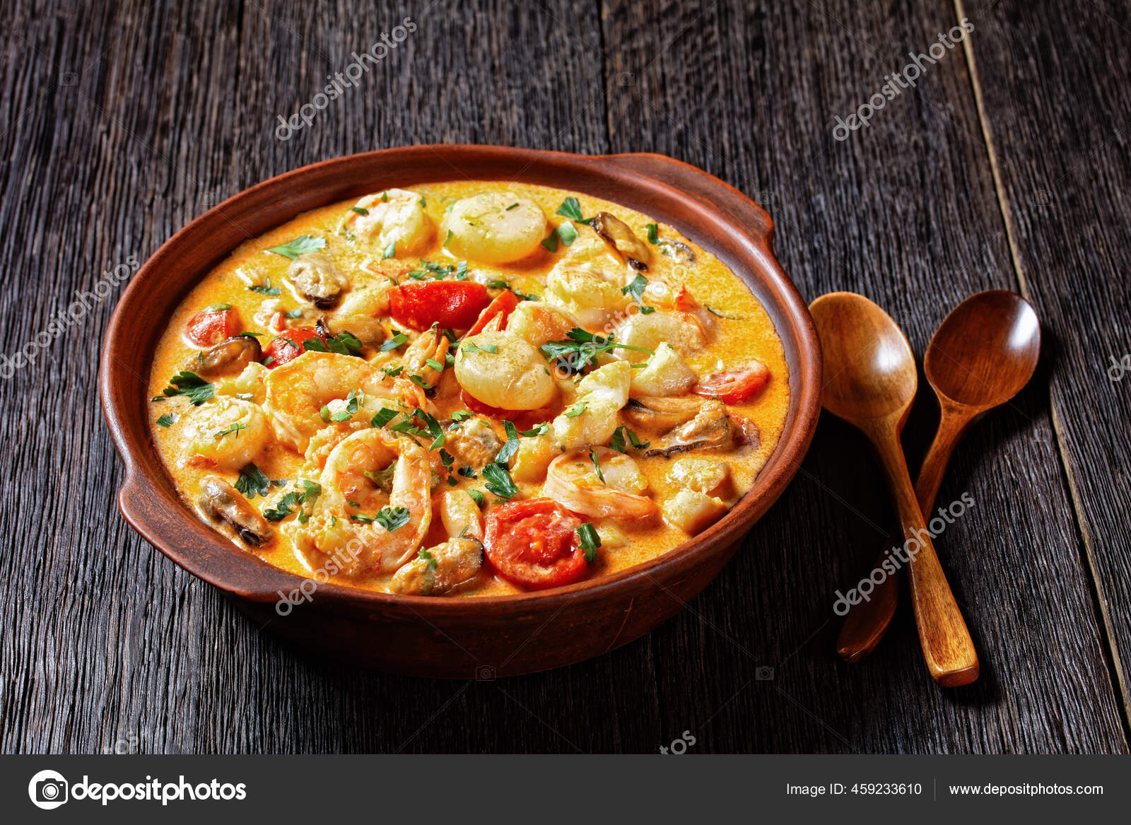 Seafood Saute Shrimps White Fish Slices Scallops Cherry Tomatoes Clay ...