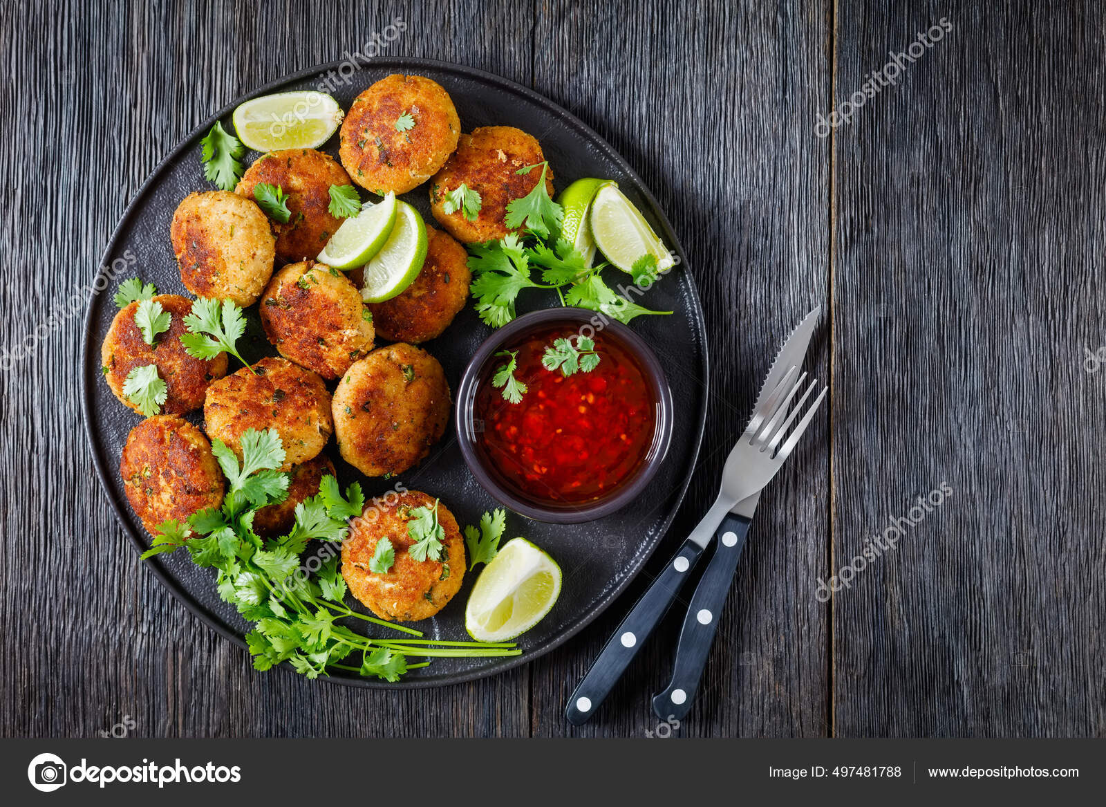 Tod Man Pla Thai Fish Cakes Lime Cilantro Sweet Chili — Stock Photo ...