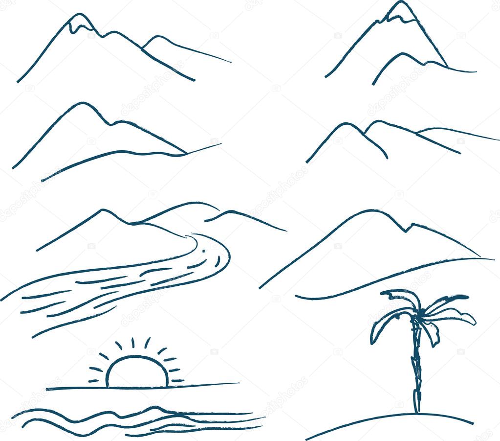 Set of vector doodles silhouette of mountain, hills and landscape ...