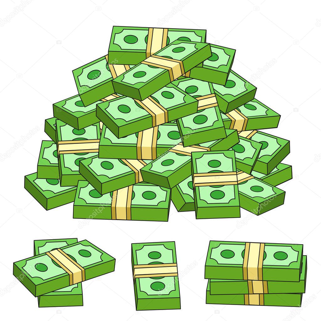 Paquetes de billetes de dólar apilados en una pila caótica, aislados ...