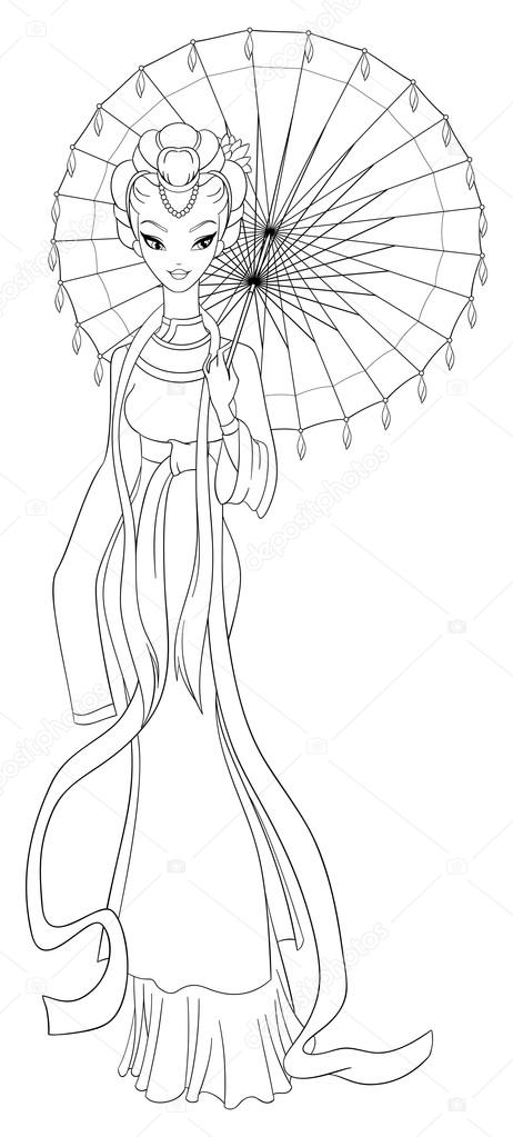 Dama china delineada en vestido tradicional que sostiene el paraguas ...