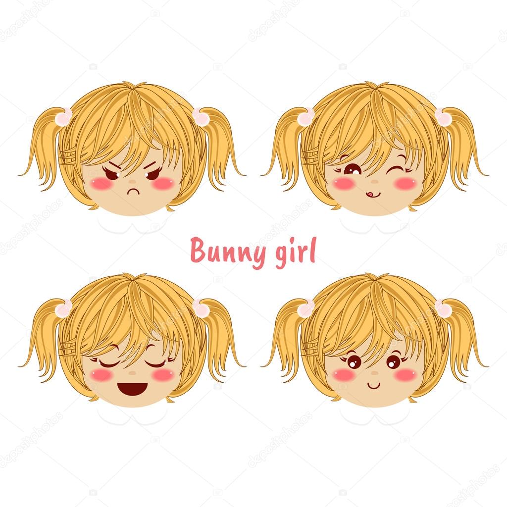 Kawaii vector icon set. Blonde baby girl with different funny, cute ...