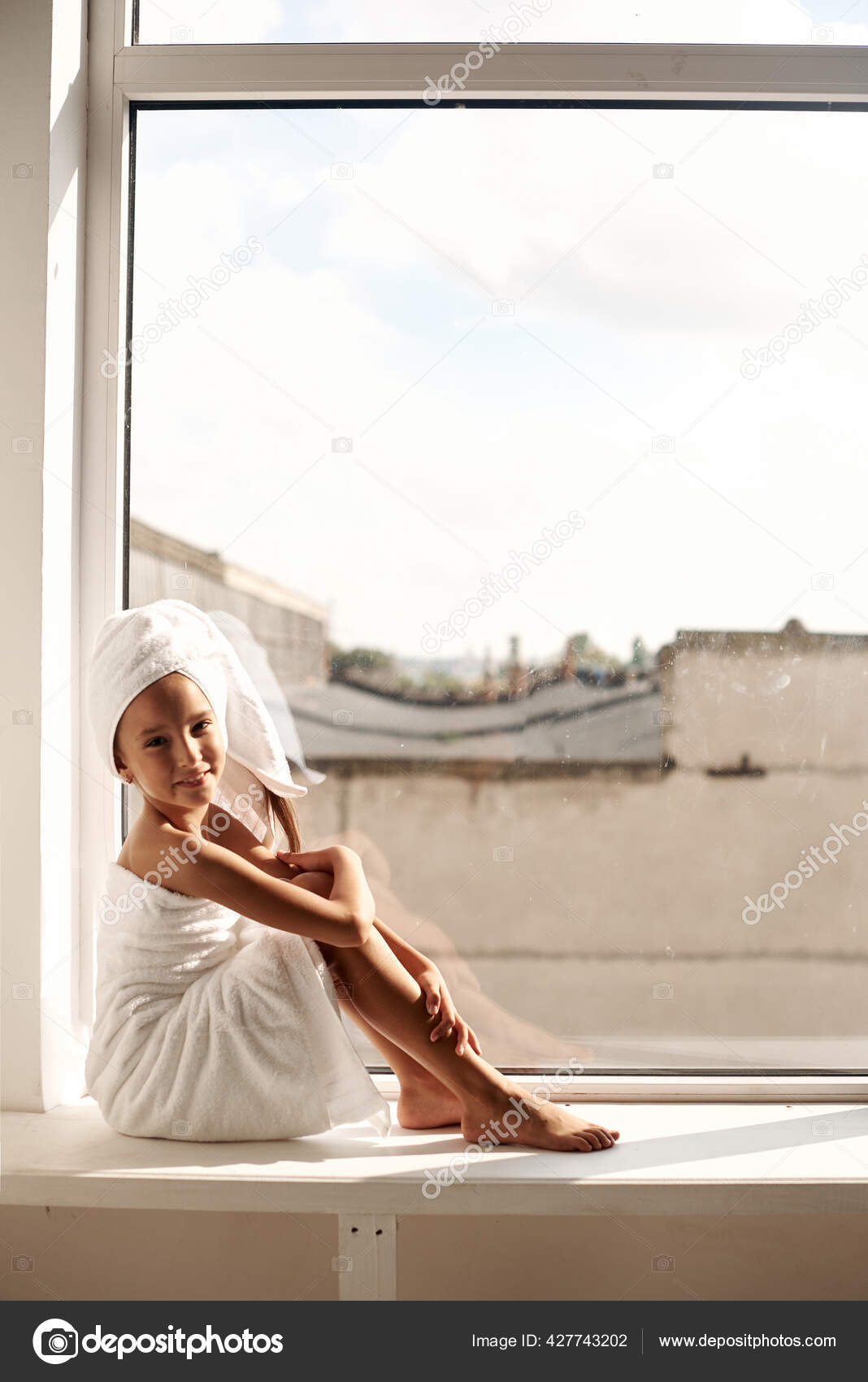 Morning Routine Side View Little Girl Wrapped White Bath Towels Stock ...