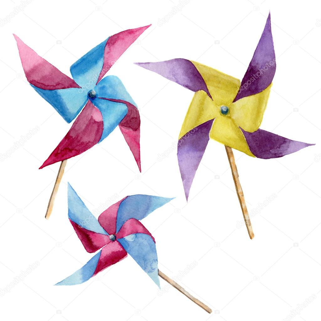 Watercolor paper windmills set. Hand drawn vintage windmill with retro ...