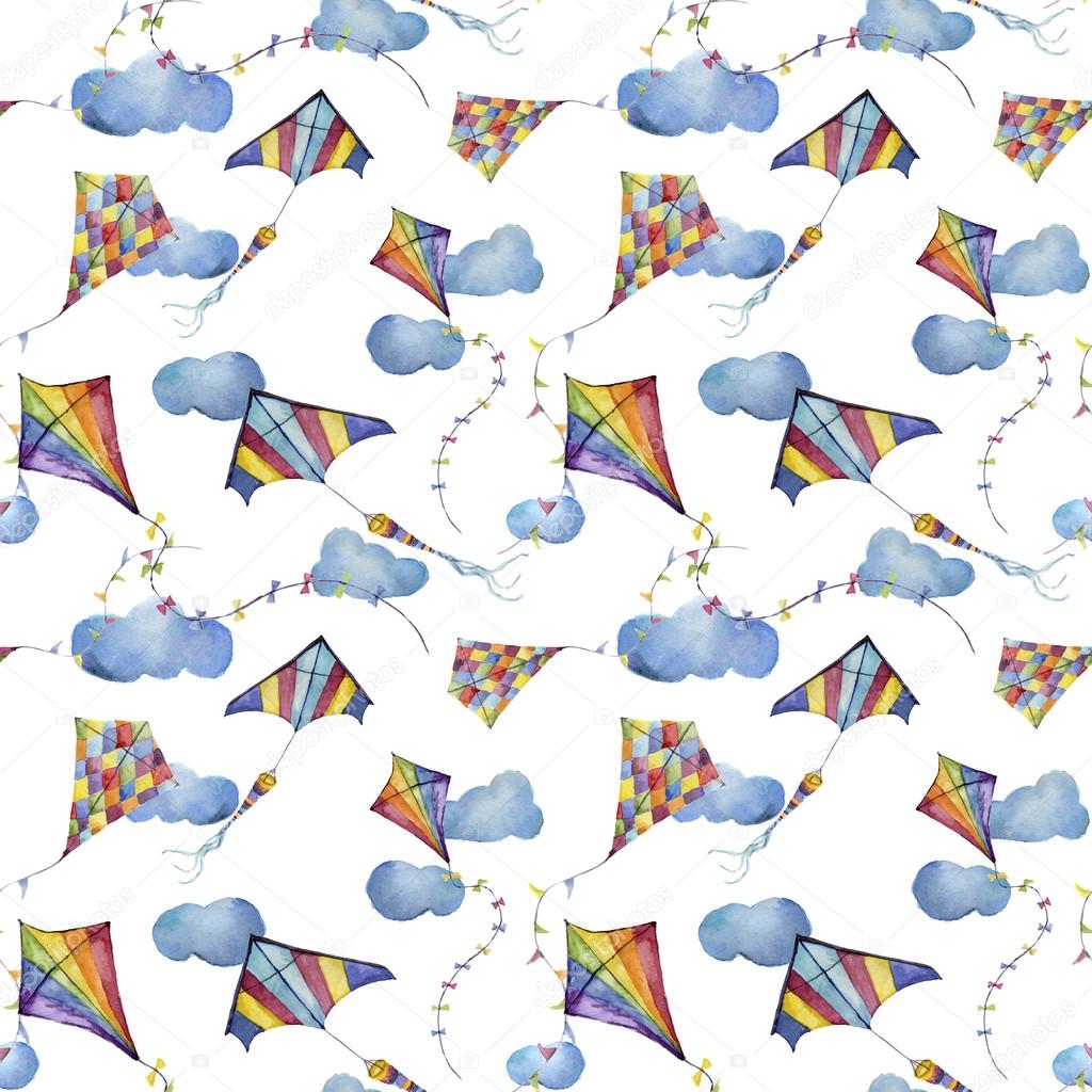 Watercolor seamless pattern with checkerboard and striped kites air ...