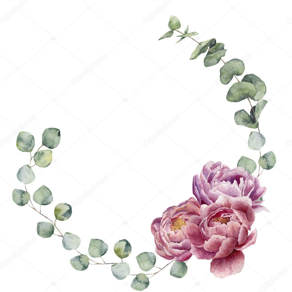 Watercolor floral wreath with eucalyptus leaves and peony flowers. Hand ...