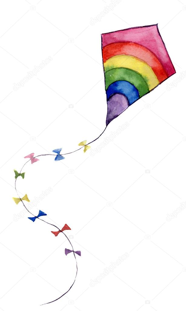 Watercolor rainbow air kite. Hand drawn vintage kite with flags ...