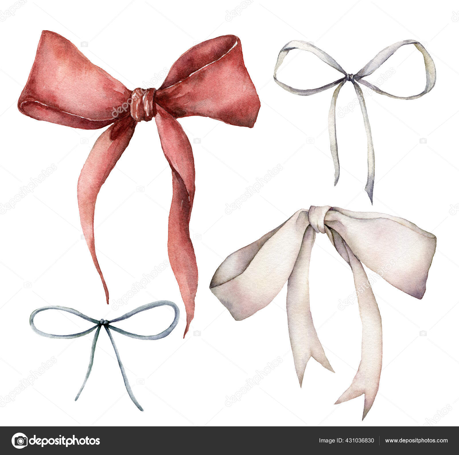 Watercolor christmas set with red, white and silver bows. Hand painted ...