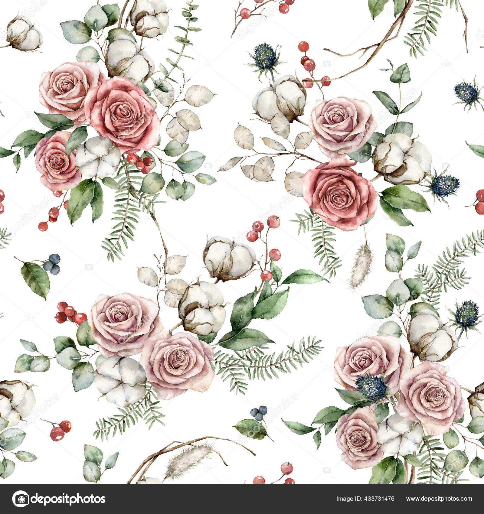 Watercolor Christmas seamless pattern of flowers with pink roses, cotton, blue Thistle and ...