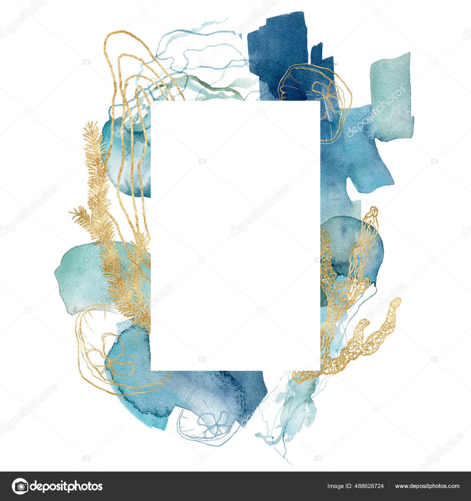Watercolor abstract frame of shell, jellyfish, linear laminaria and ...