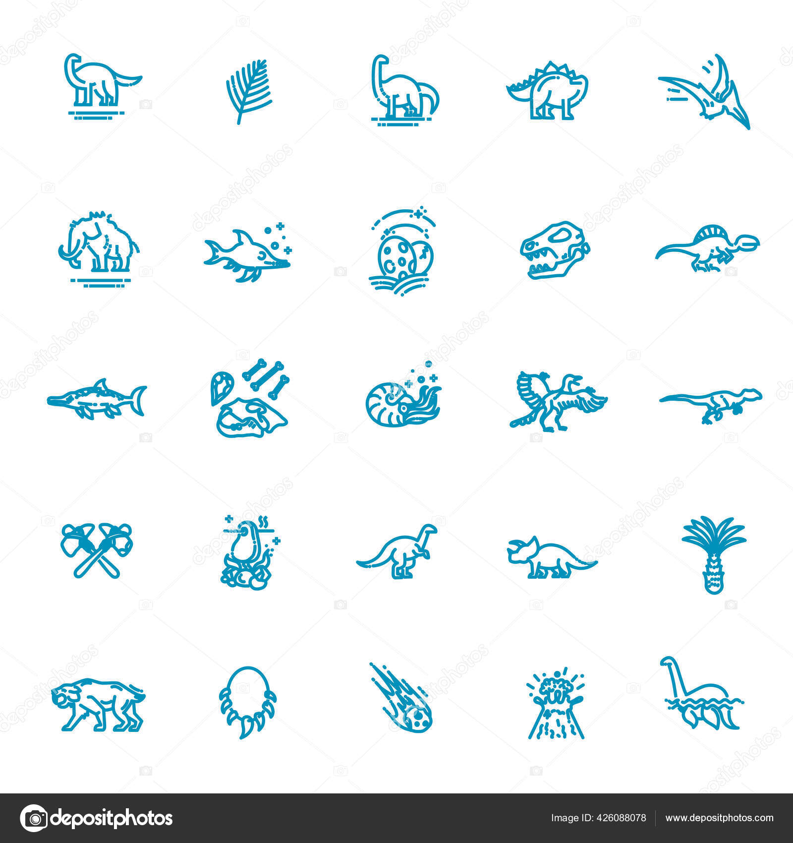 Set Modern Vector Plain Line Design Icons Pictogram Dinosaurs Species ...