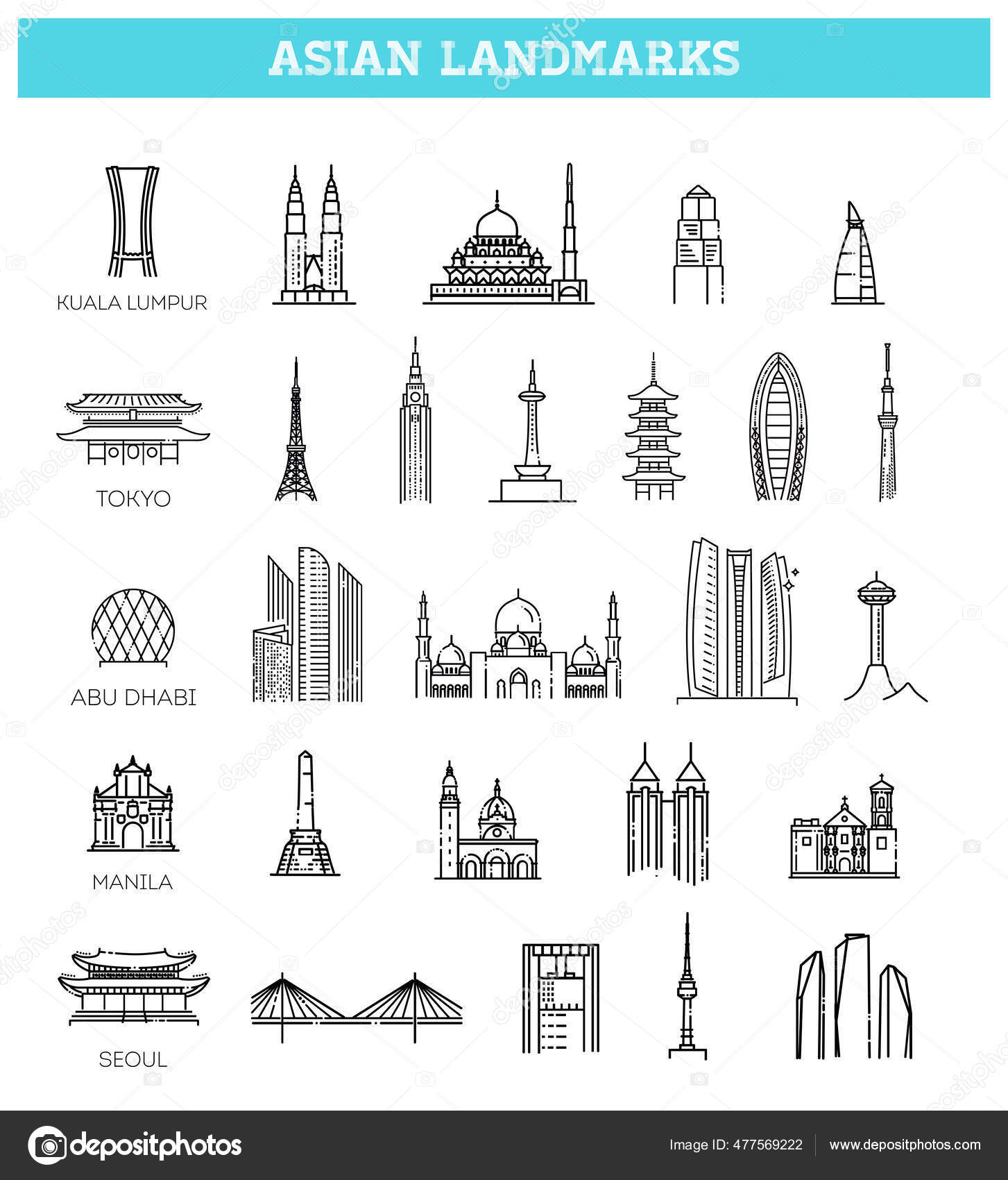 Simple linear Vector icon set representing global tourist asian ...