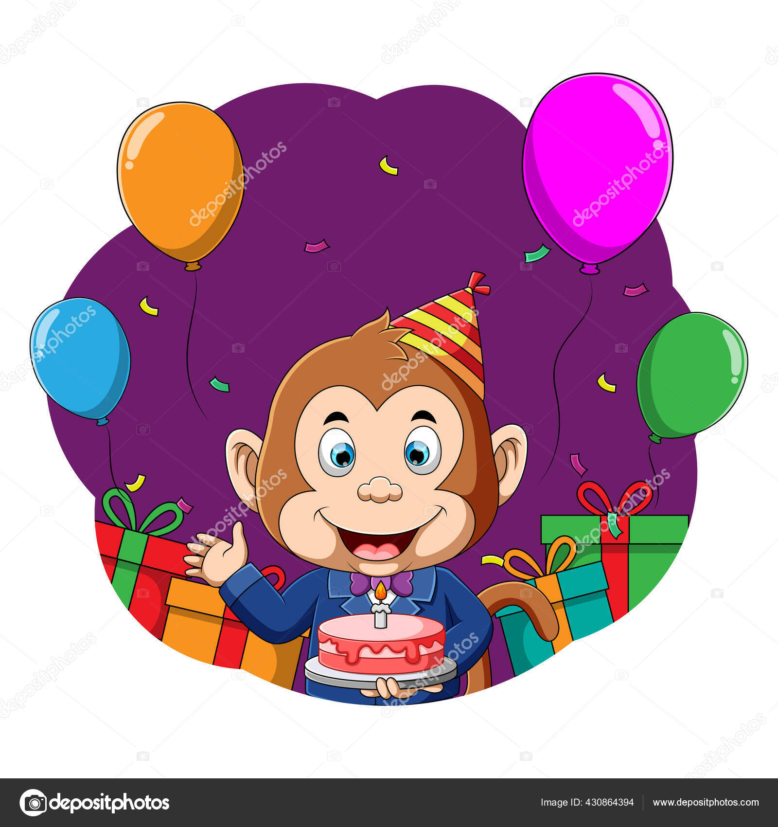 Ilustración Del Mono Celebra Cumpleaños Con Los Globos Pastel Mano ...