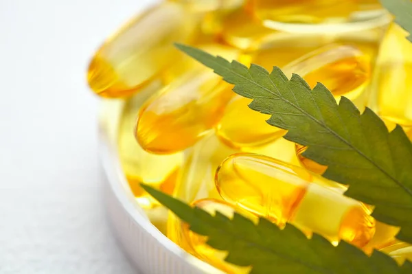 CBD oil capsules and hemp leaves. Macro close up of capsules of ...