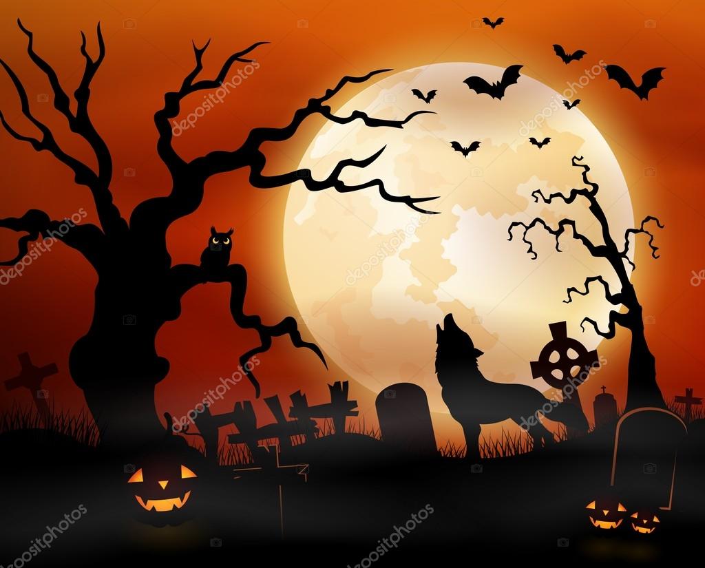 Halloween night background with wolf howling, pumpkins, owl on tree and ...