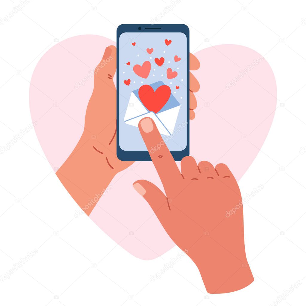 Ilustraci n de manos sosteniendo un tel fono. Un mensaje con corazones llega al tel fono. En el ...