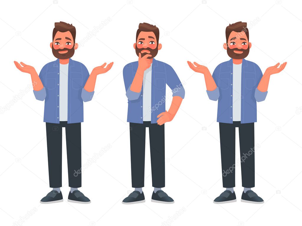 Concepto de elección. Un hombre barbudo piensa y elige la decisión ...