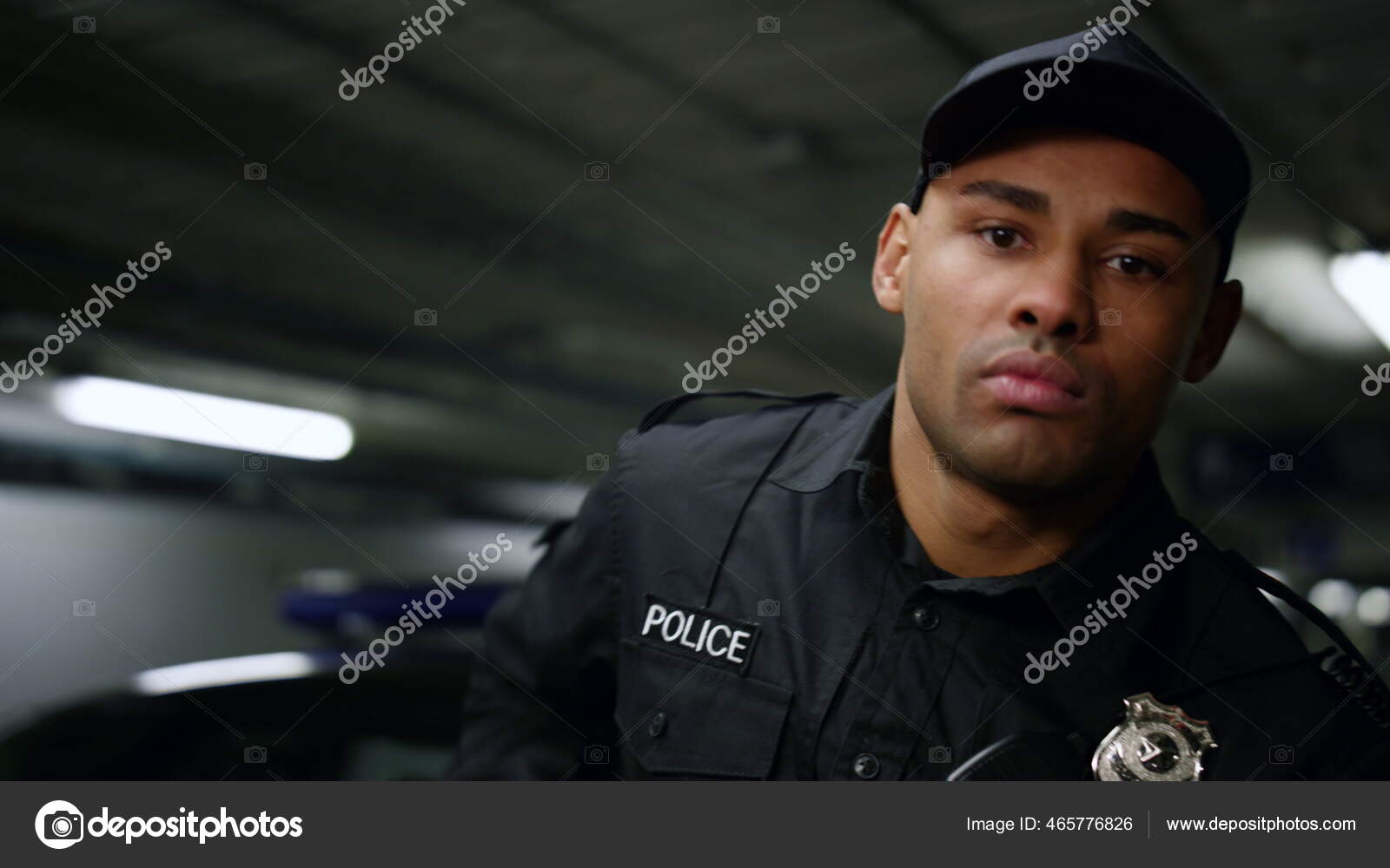 Policeman Standing At Car With Flashing Lights Police Officer Pointing