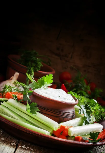 Healthy snacks: cucumber sticks, celery and carrots with ranch dressing ...