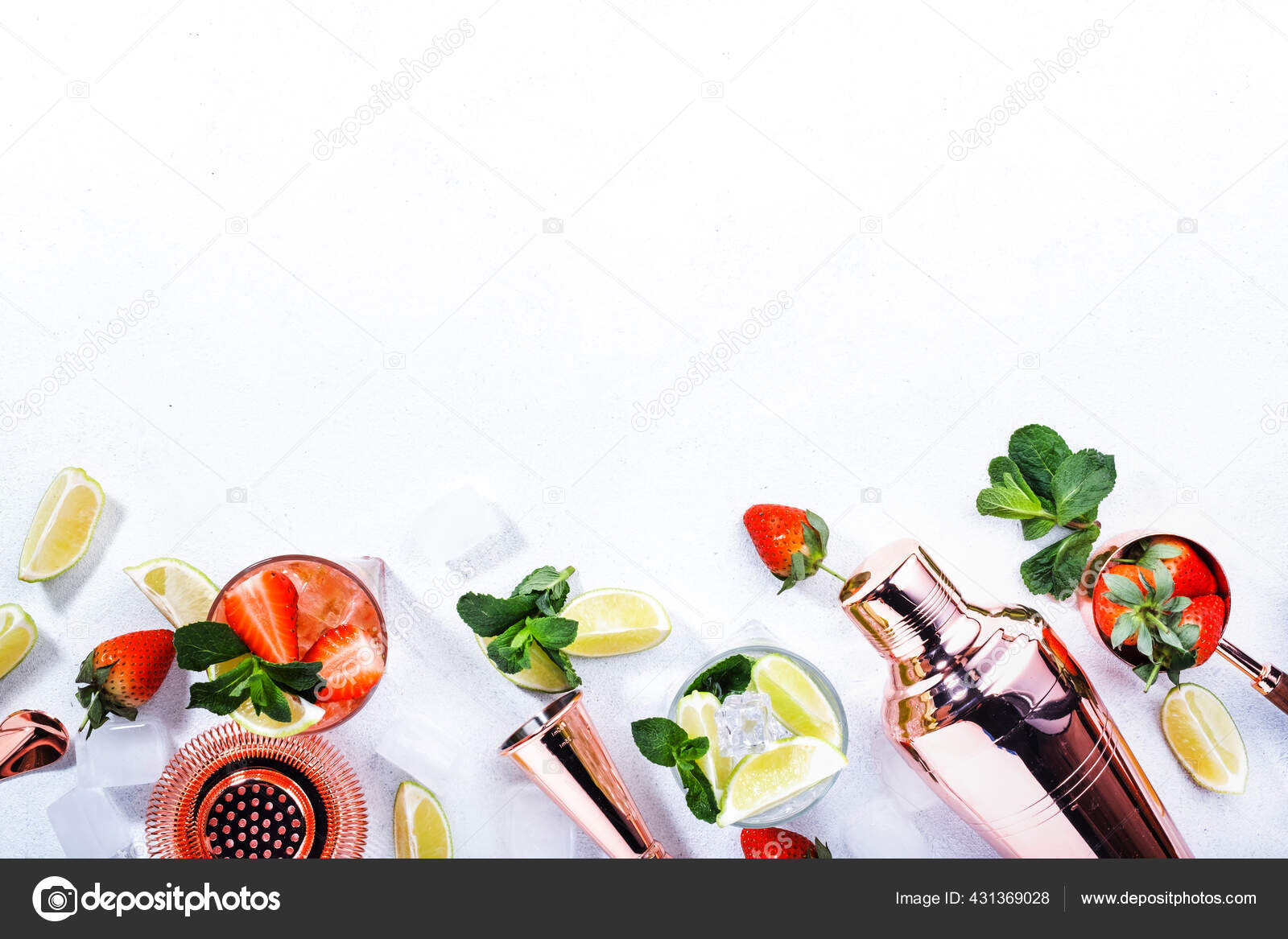 Mojito Mocktail Set Lime Mint Strawberry Ice White Background Cold ...