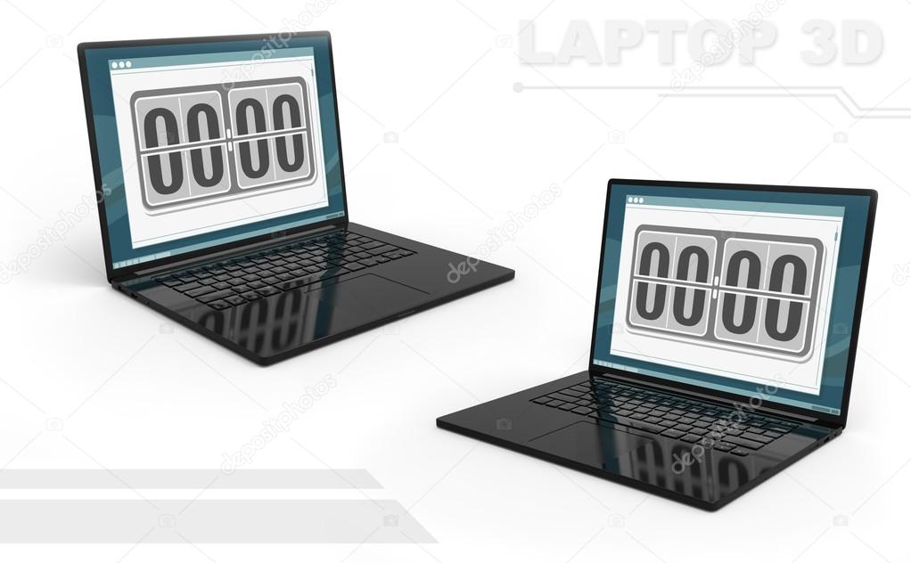 3D render of black perspective laptop set with Schedule clock design ...