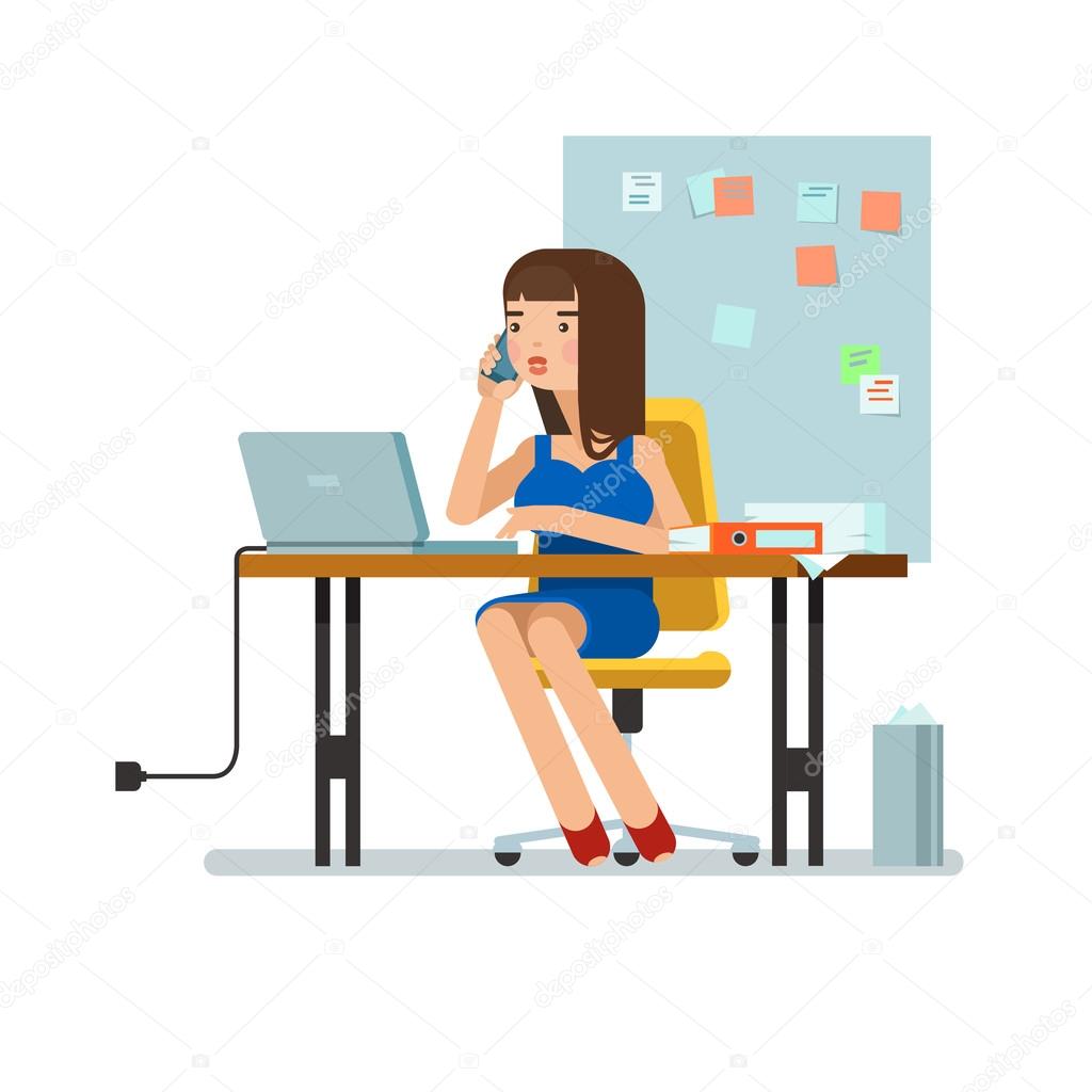 Vector illustration of secretary sitting at the table — Stock Vector ...