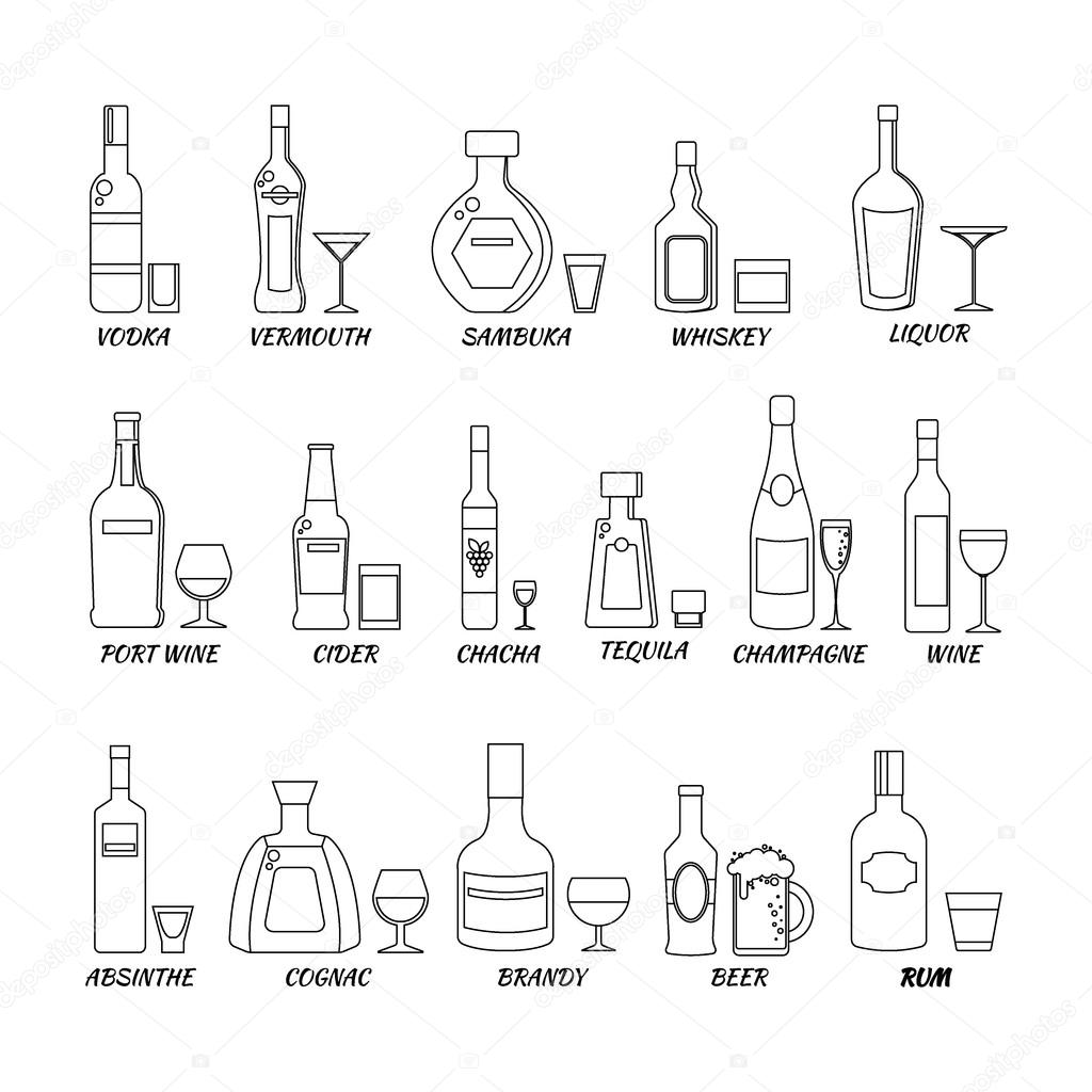 Colecci n de botellas de alcohol en un estilo de l nea. Iconos vector ilustraci n. 2024