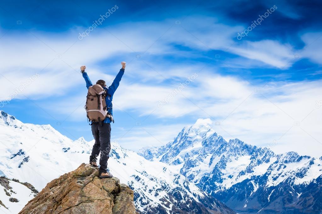 Successful hiking man on mountain Stock Photo by ©OlyPhotoStories 107698690