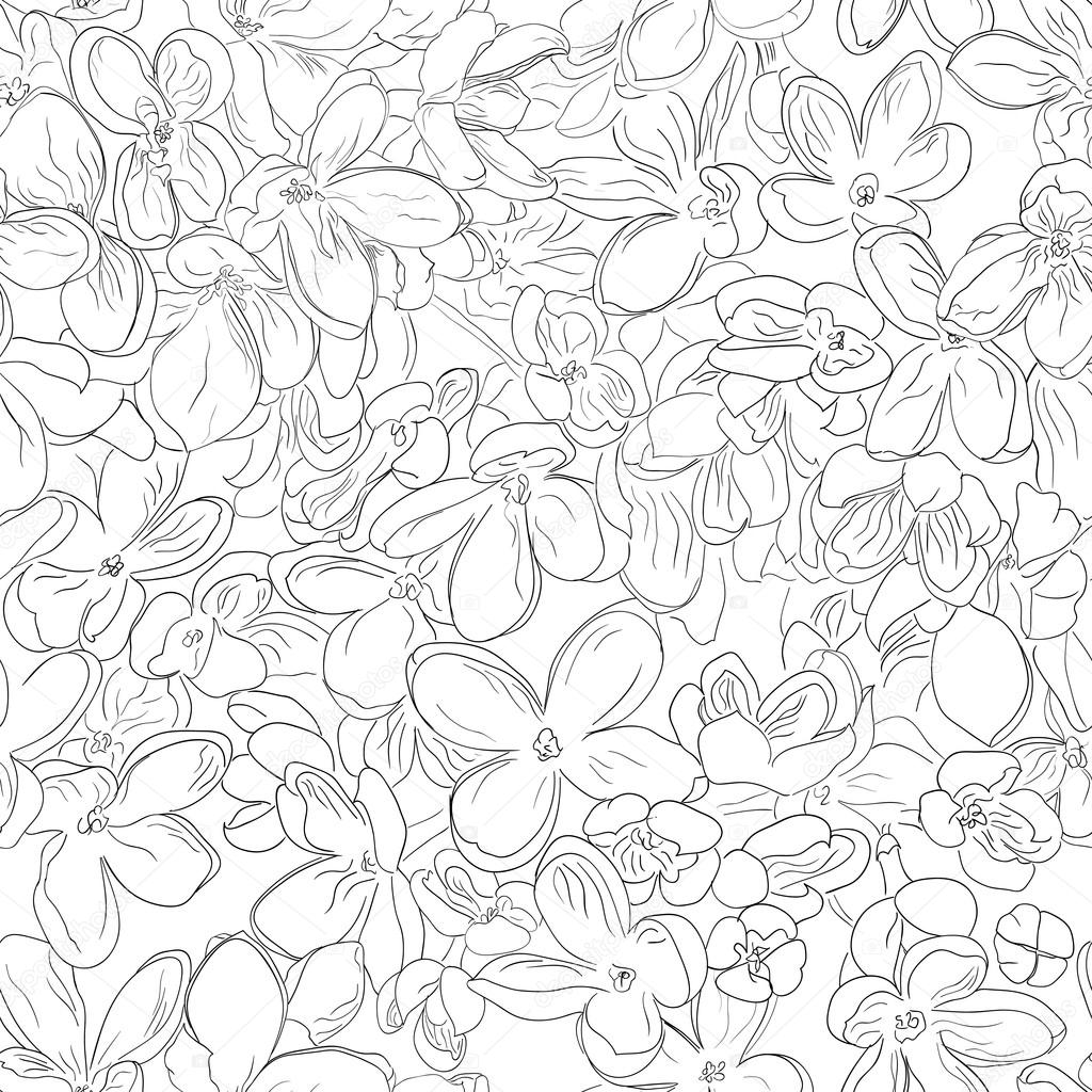 Seamless floral pattern background outline black on white lilac flower ...