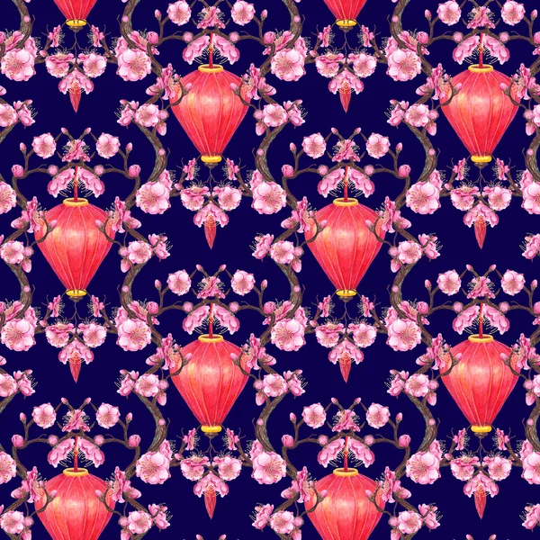 Chinese Red Lantern & Plum blossom Pattern. - Stock Image - Everypixel