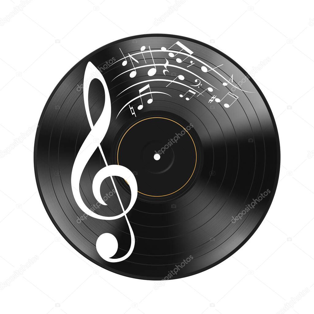 Grabación realista de vinilo negro y notas, composición musical aislada ...
