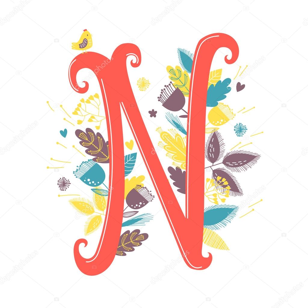 Letra n con flores y aves Vector de stock por ©whynotme.cz 109800912