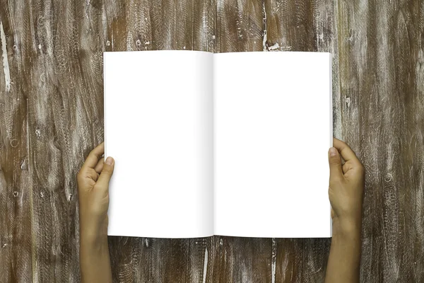 Closeup Blank Open Book White Paper Sheet Holding Male Hands. Mockup ...