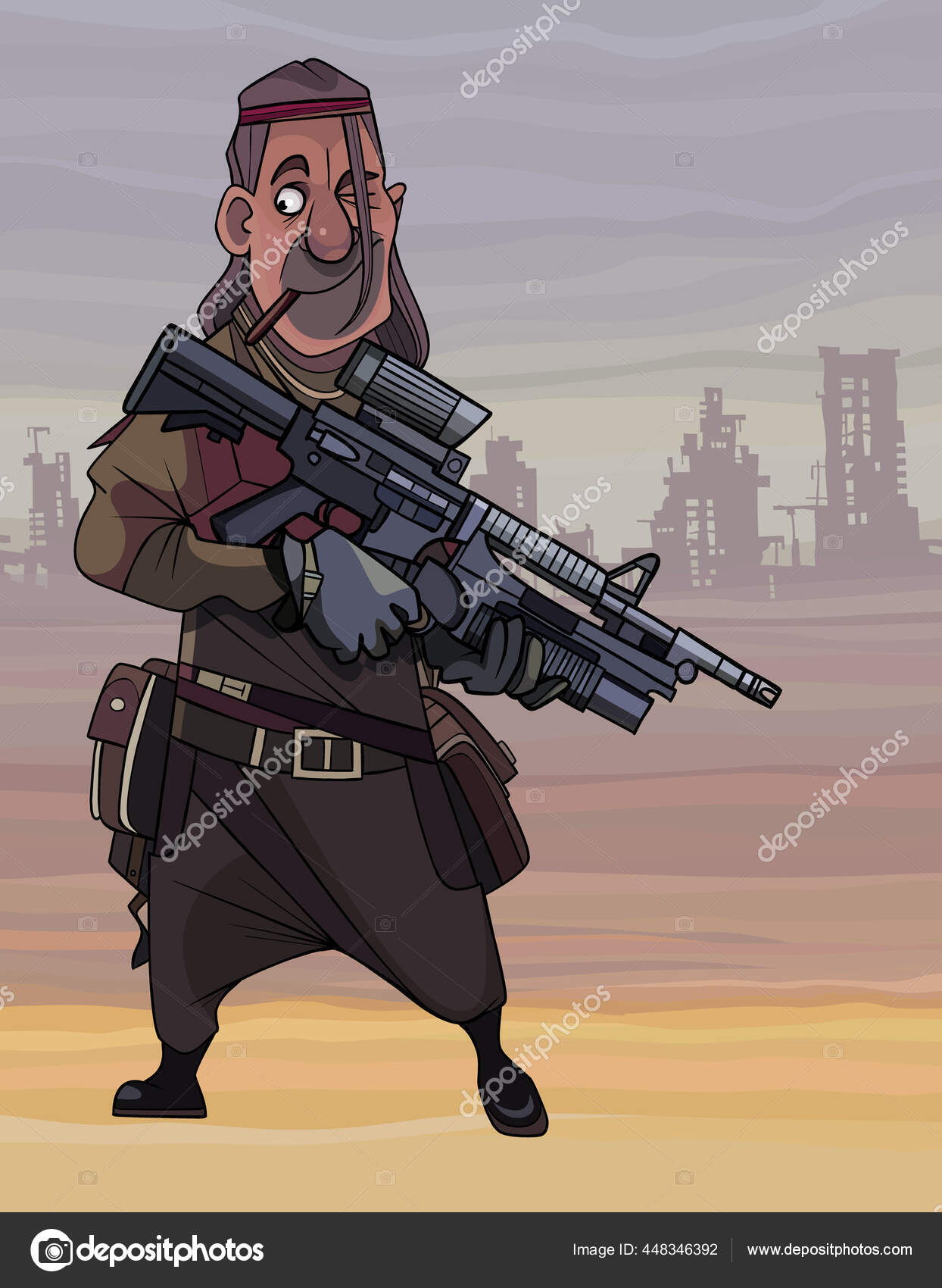 Cartoon Man Post Apocalyptic Clothes Gun Background Ruins Stock Vector ...