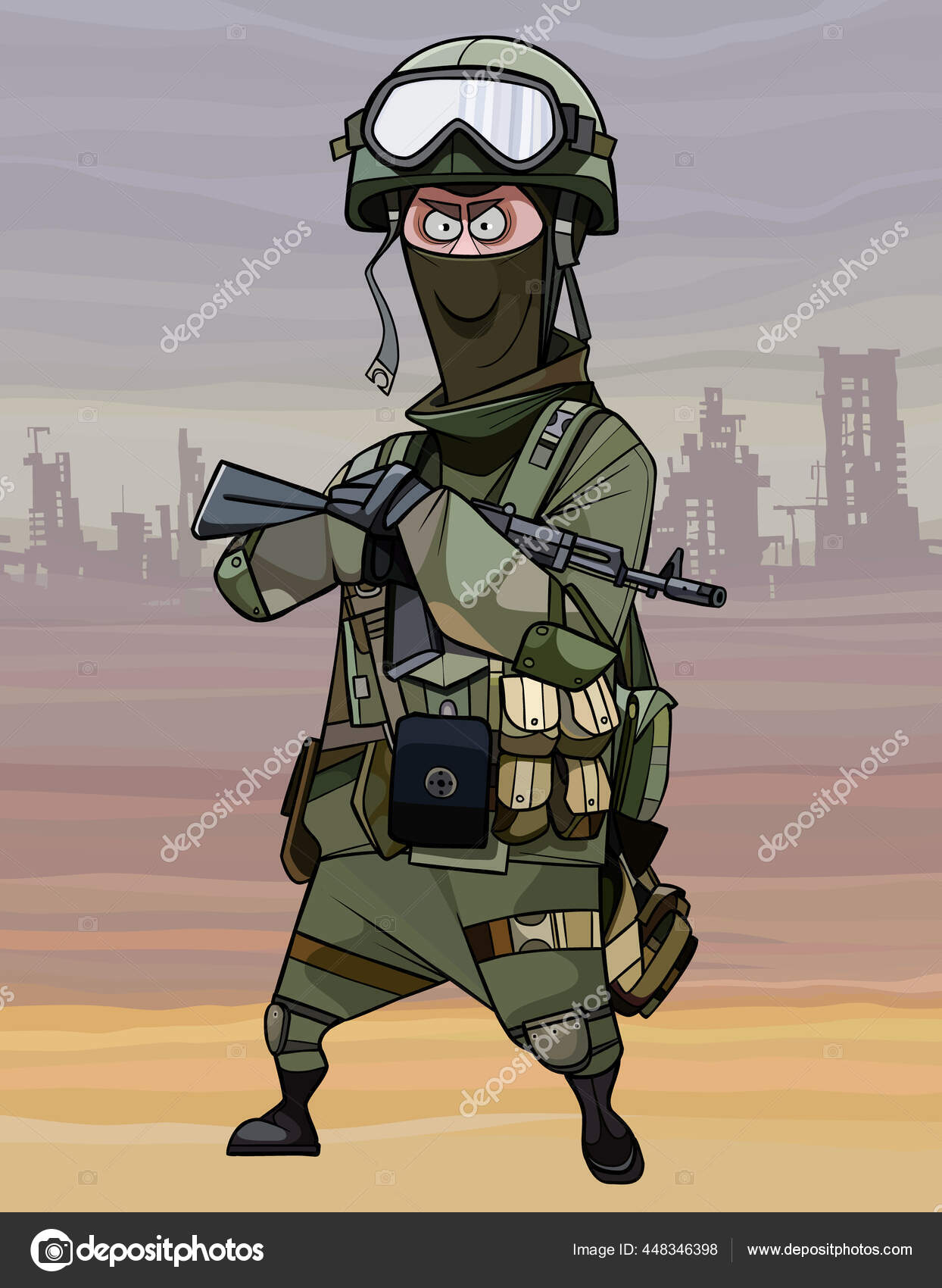 Cartoon Soldier Ammunition Machine Gun Background Ruins Stock Vector ...