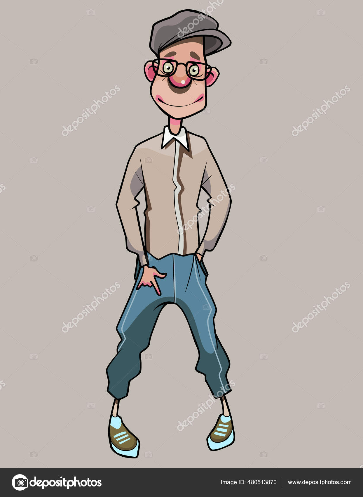 Caricatura Sonriendo Flaco Chico Con Gafas Gorra vector, gráfico ...