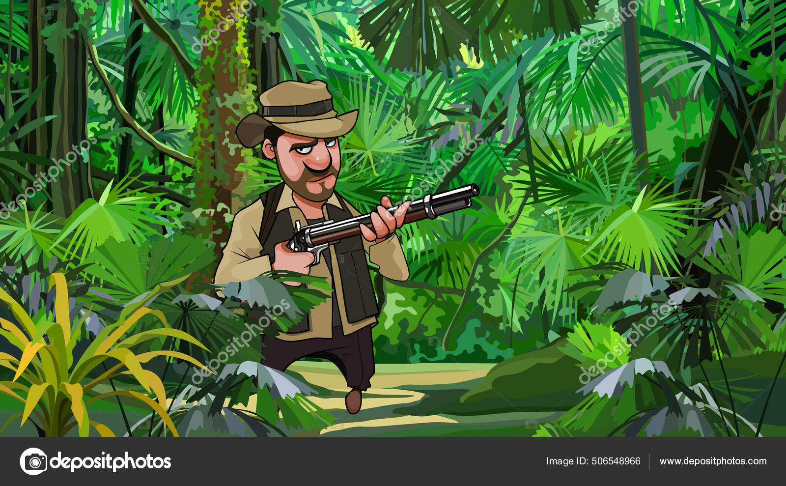 Cartoon Serious Man Hunter Gun Stands Jungle Stock Vector Image by ...