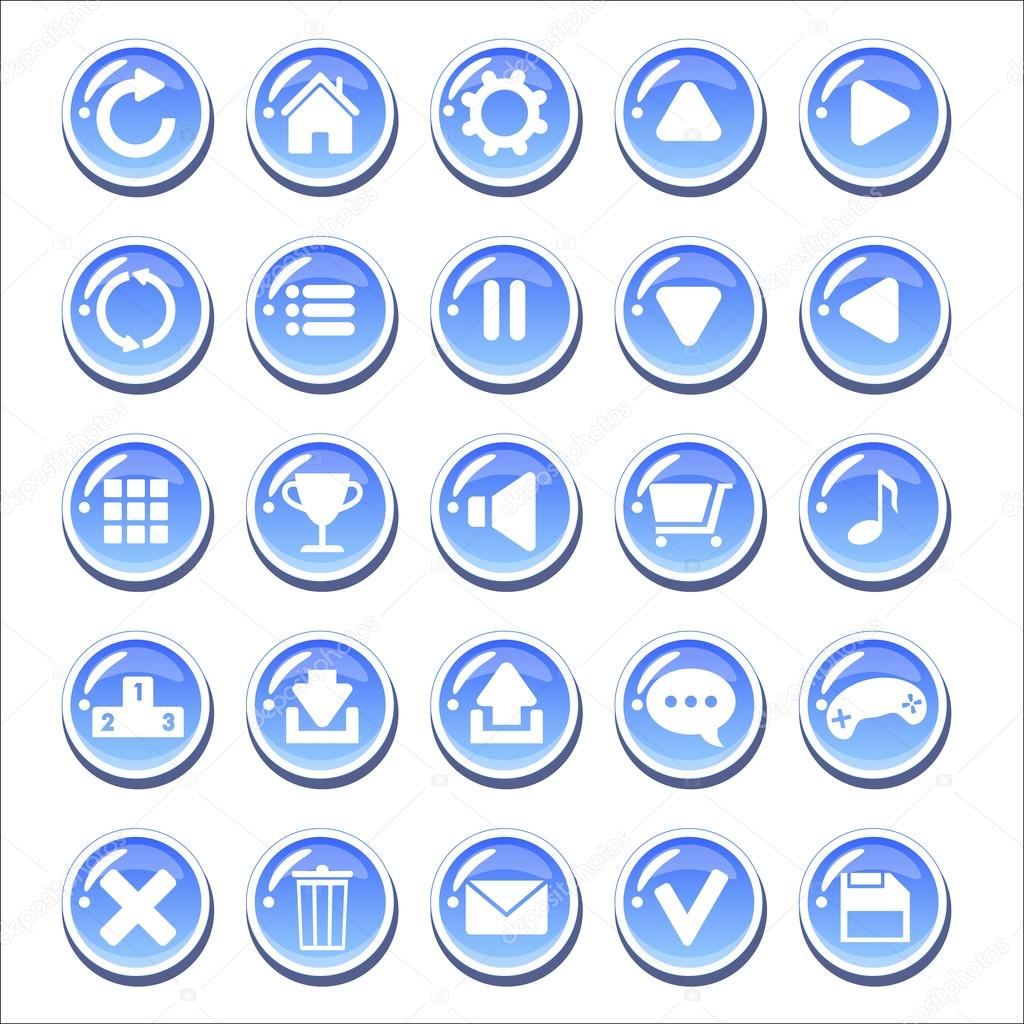 Set of blue glassy buttons for game interfaces. Vector GUI elements for ...