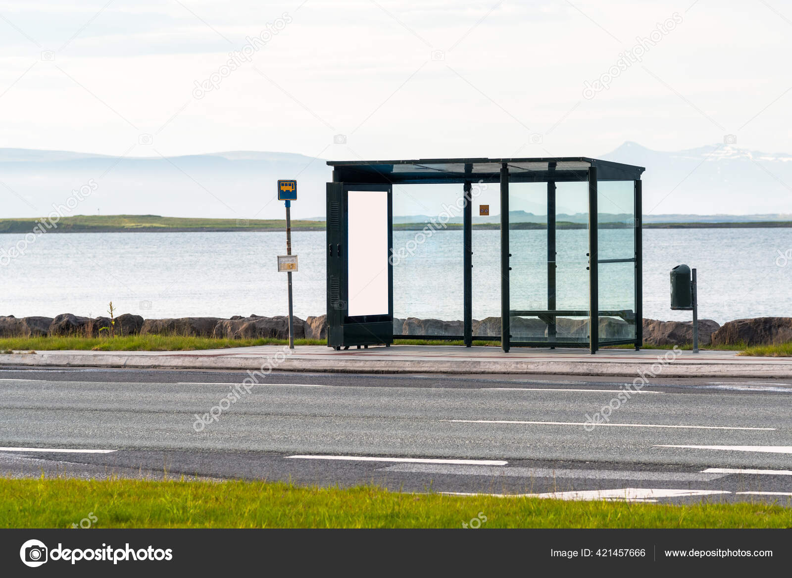 Empty Bus Stop Glass Shelter Blank Billboard Waterside Street Sunset ...