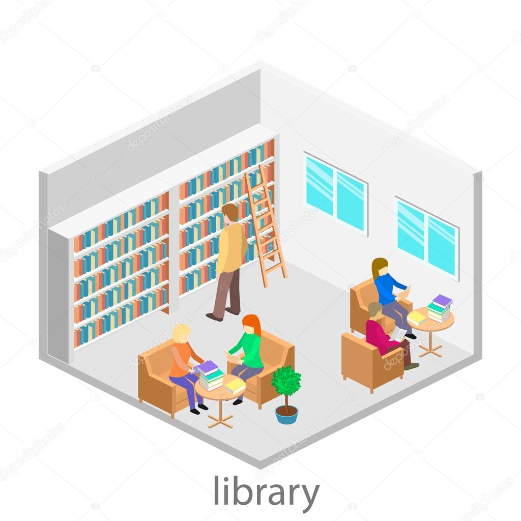Isometric interior of library — Stock Vector © reenya #109834928