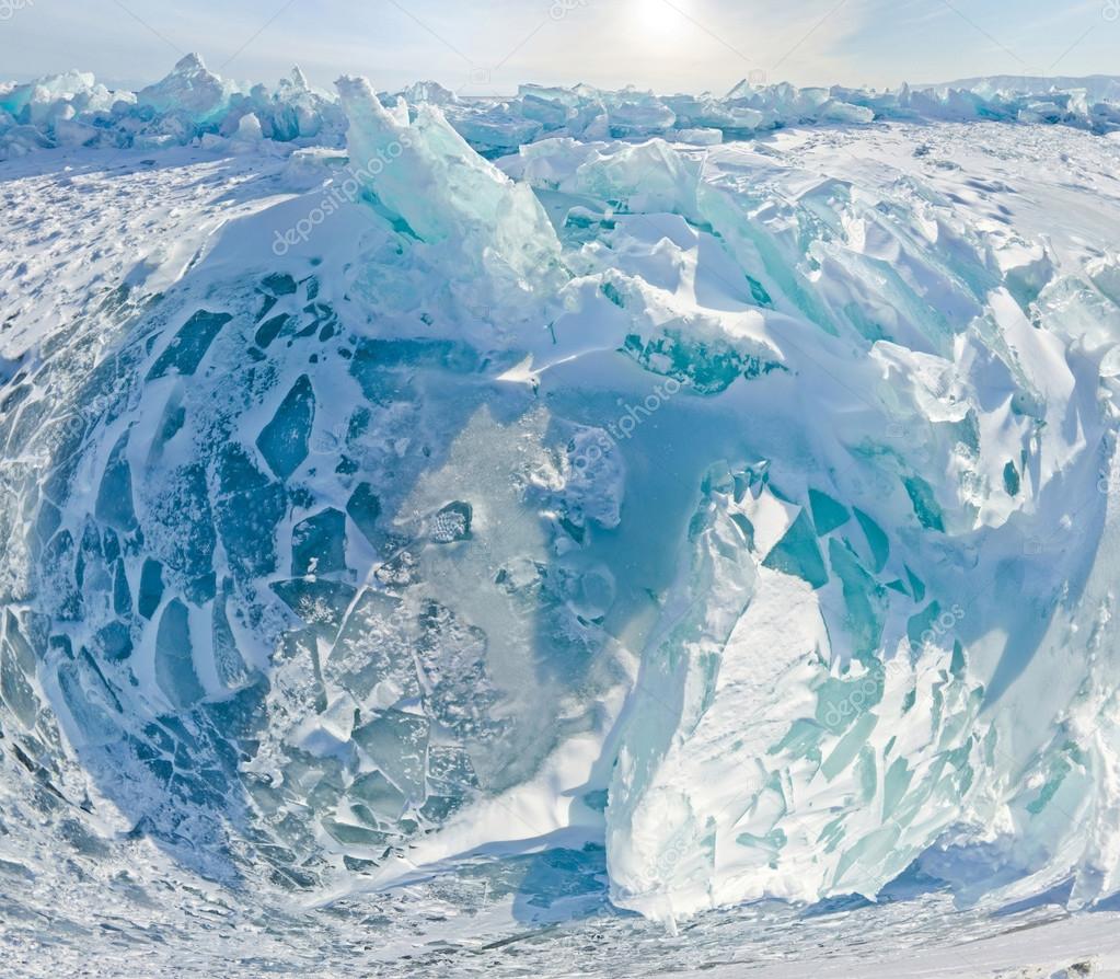 Blue ice hummocks Baikal stereographic panorama, Listvyanka — Stock ...