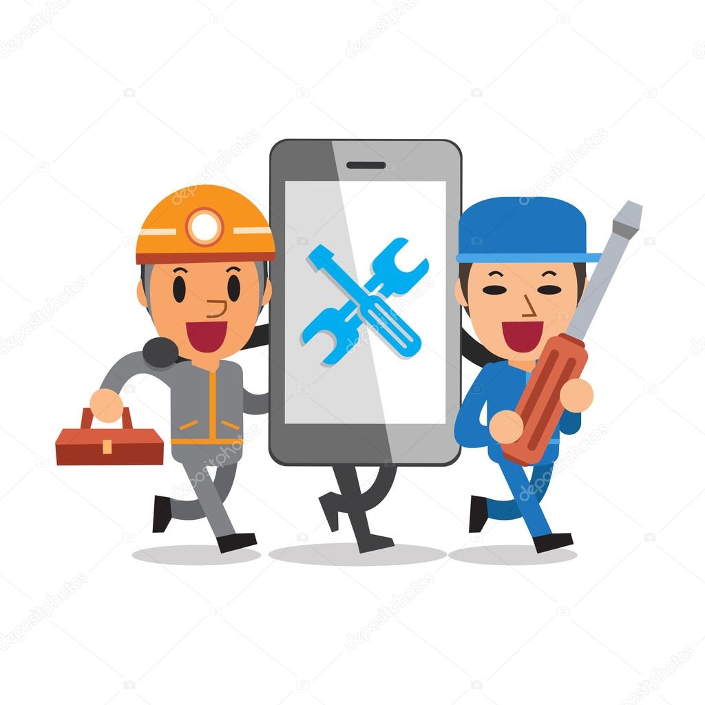 Cartoon smartphone with technicians — Stock Vector © Jaaak #113855242