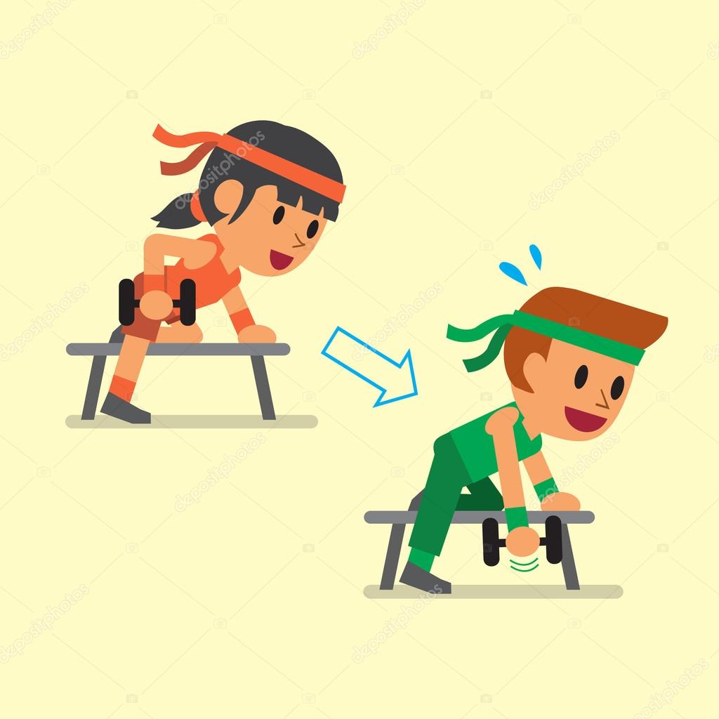 Cartoon man and woman doing dumbbell row exercise step training Stock ...