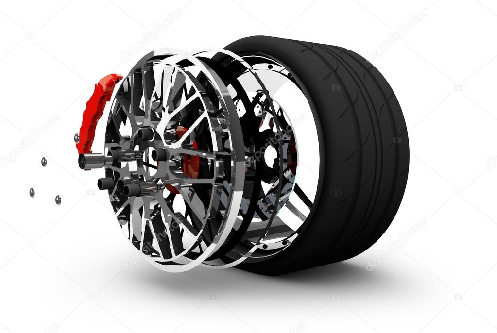 Concept of tire service. Wheels, Rims , brake pads and discs. CA Stock ...